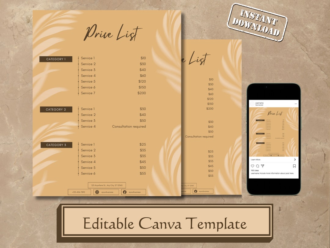 Price List Bundle, Editable Canva Template, Blank Menu, Price List ...