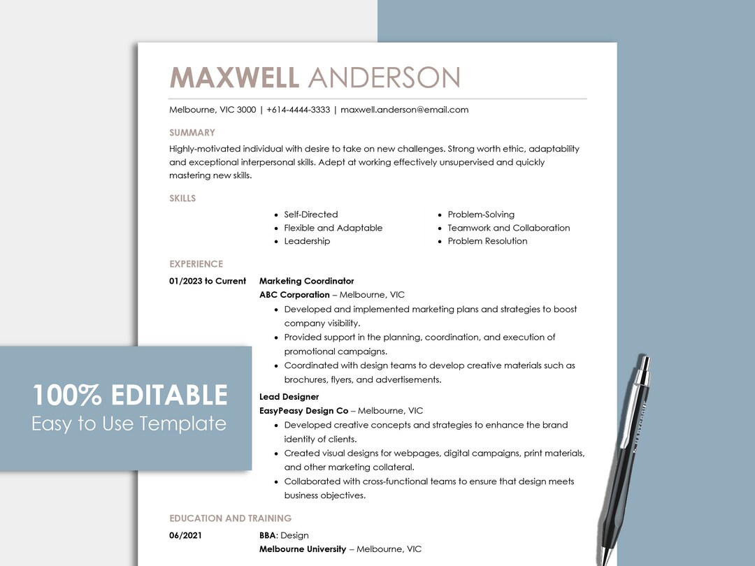 100% Editable Resume & Cover Letter Template for Word Google - Etsy