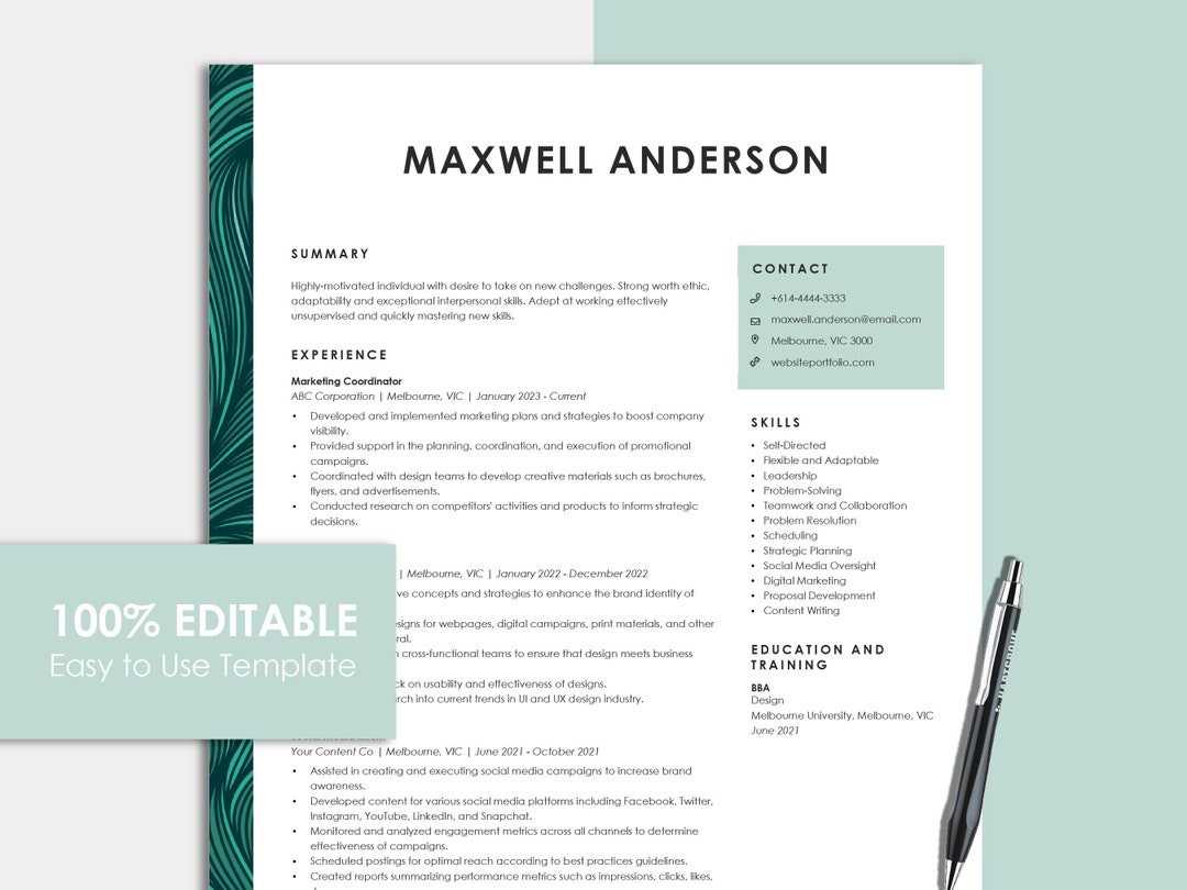 100% Editable Resume & Cover Letter Template for Word Google - Etsy