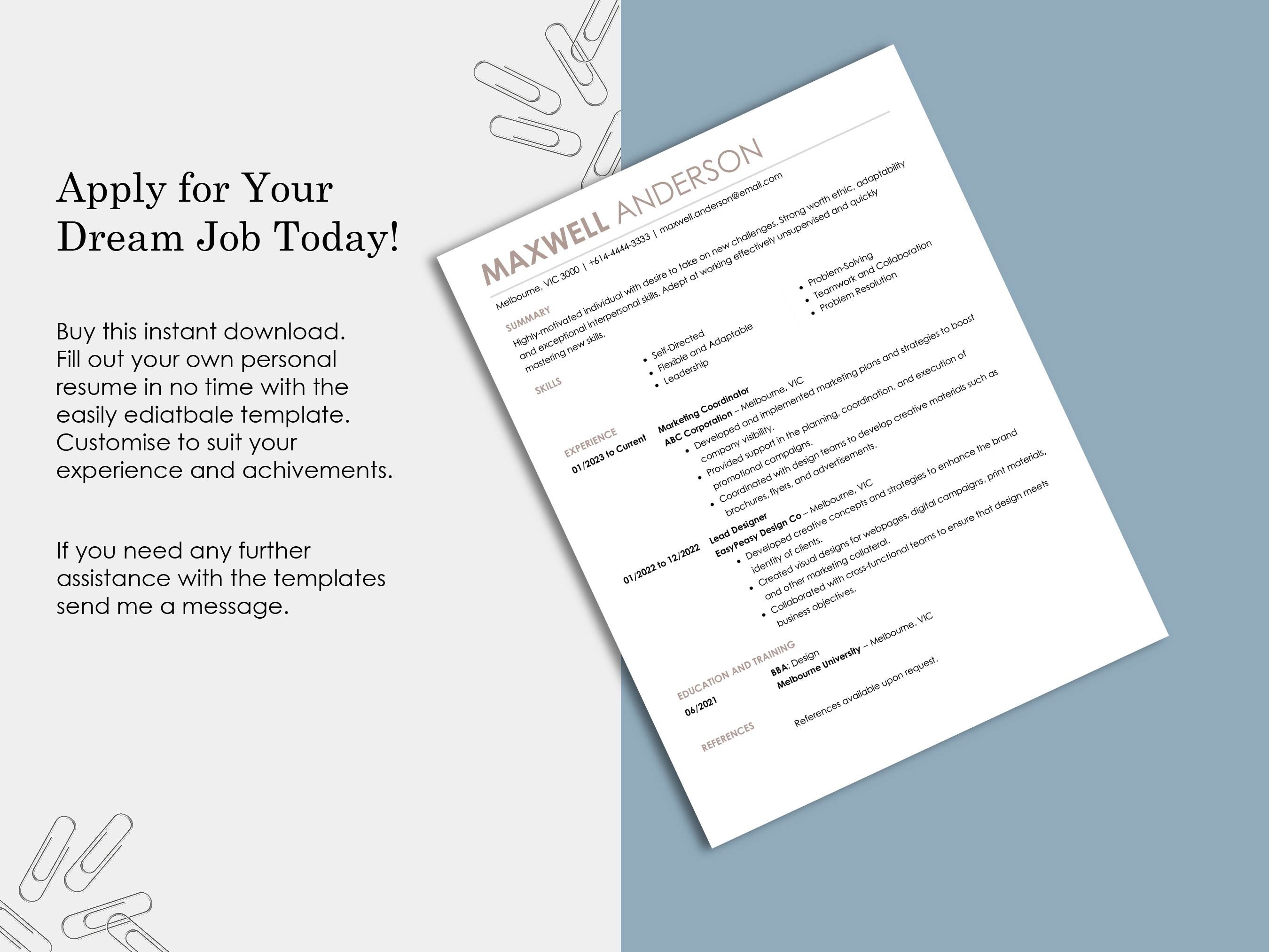 100% Editable Resume & Cover Letter Template for Word Google - Etsy