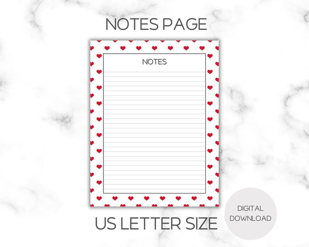Red Hearts Notes Page, Instant Download PDF, Stationary, 8 1/2x11 Page ...