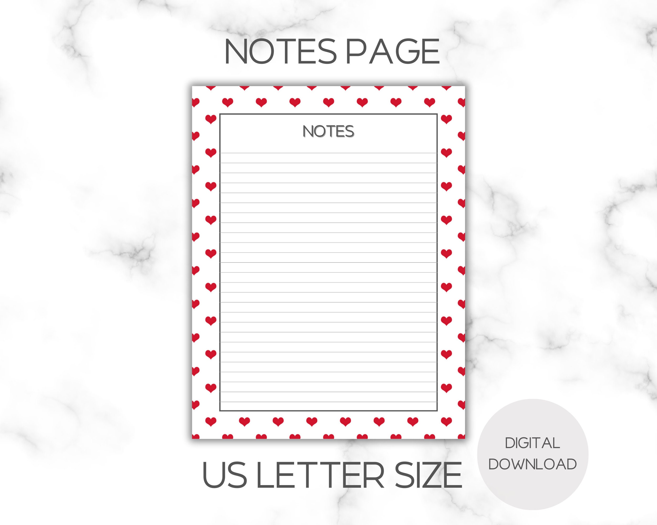 Red Hearts Notes Page, Instant Download PDF, Stationary, 8 1/2x11 Page ...