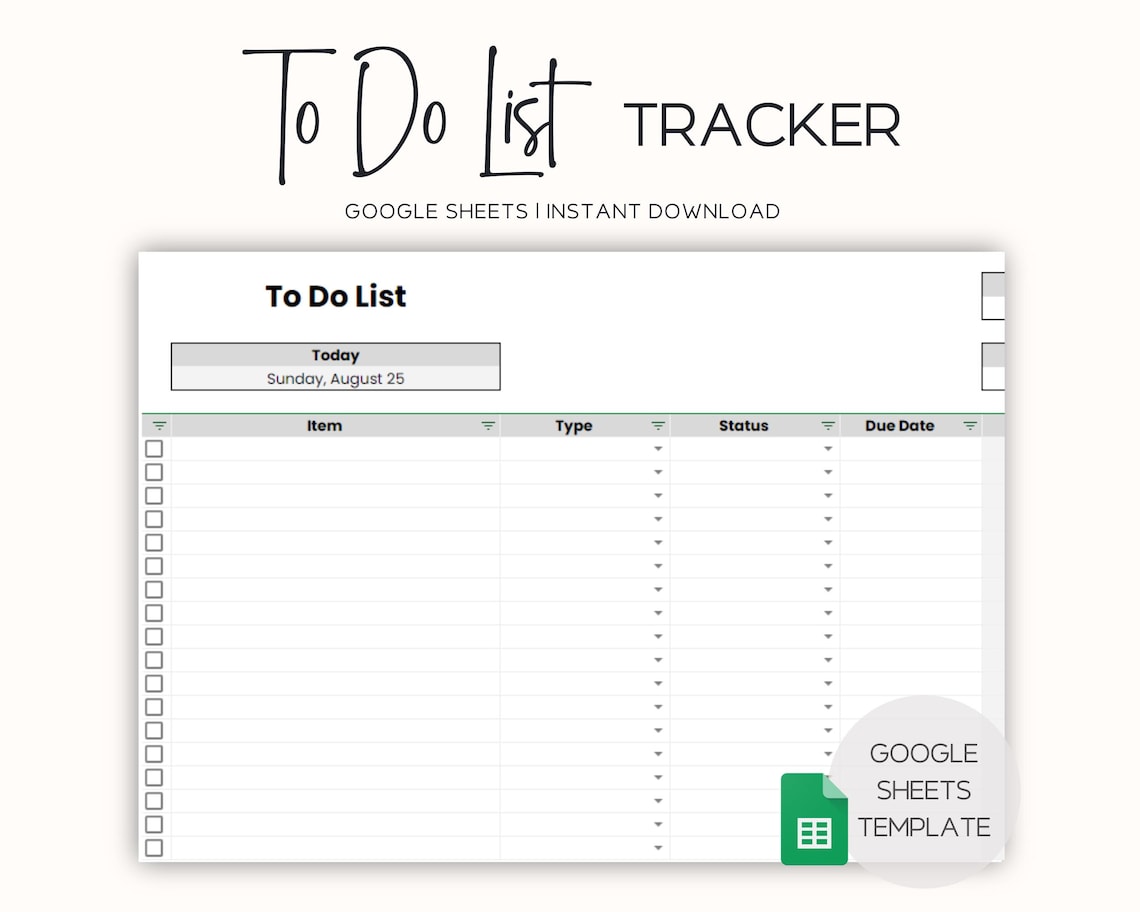 Google Sheets to Do List Checklist Tracker, Google Sheets Template ...