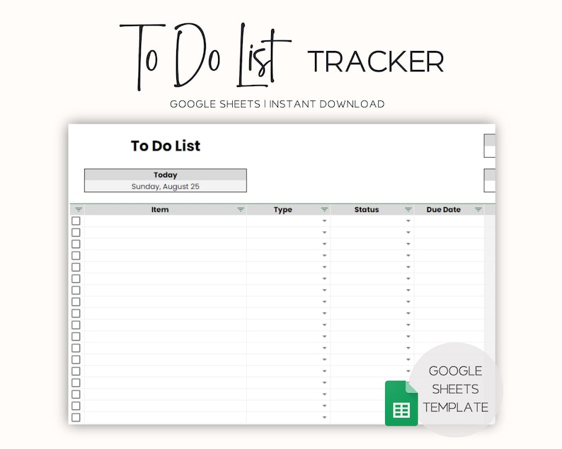 Google Sheets to Do List Checklist Tracker, Google Sheets Template ...