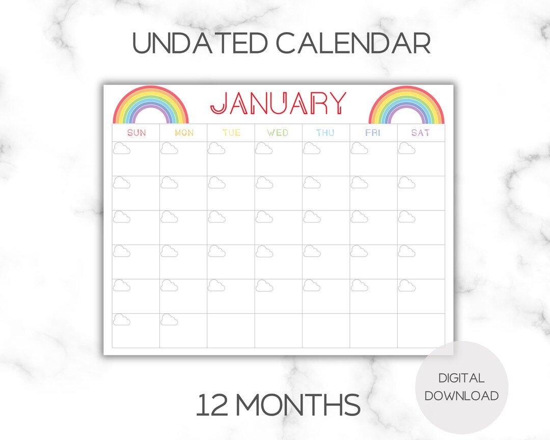 80s Inspired Design Undated Rainbow Monthly Calendar, Instant Digital ...