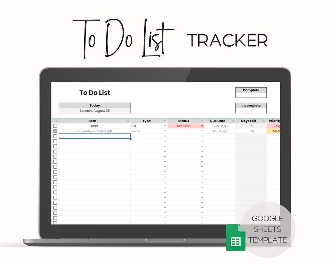 Google Sheets to Do List Checklist Tracker, Google Sheets Template ...
