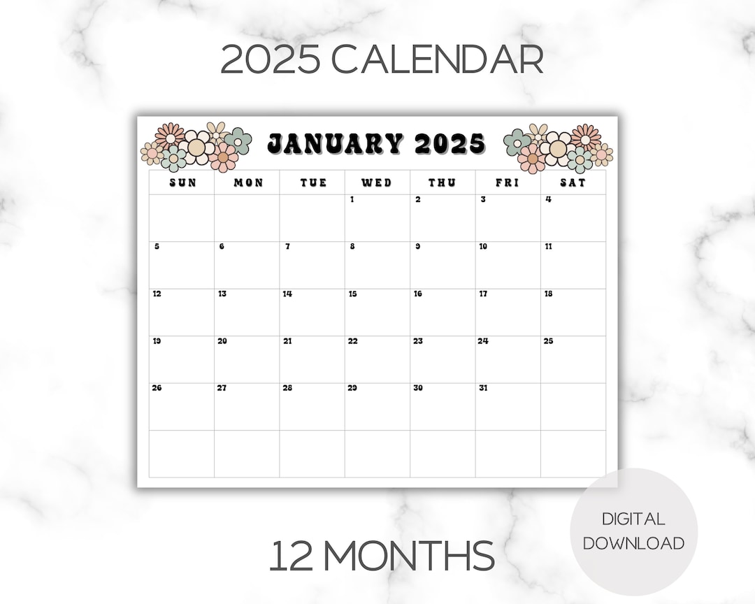 2025 Retro Disco 70s Groovy Flowers Monthly Calendar, Instant Digital ...