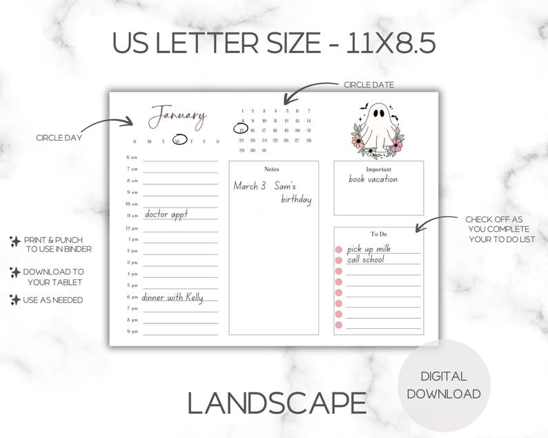Ghost Undated Daily Planner, Instant Digital Download, 11x8 1/2 PDF - Etsy