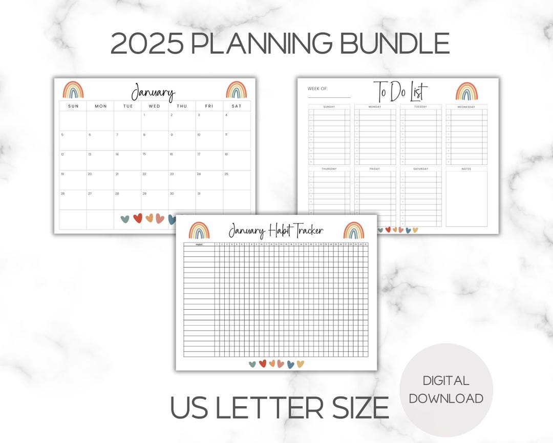 Boho Rainbow 2025 Planning Bundle, Monthly Calendars, Weekly Undated to ...