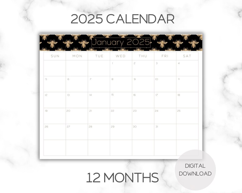 2025 Golden Bees Monthly Calendar Printable PDF, Instant Digital Download, 8 1/2x11 PDF - Etsy