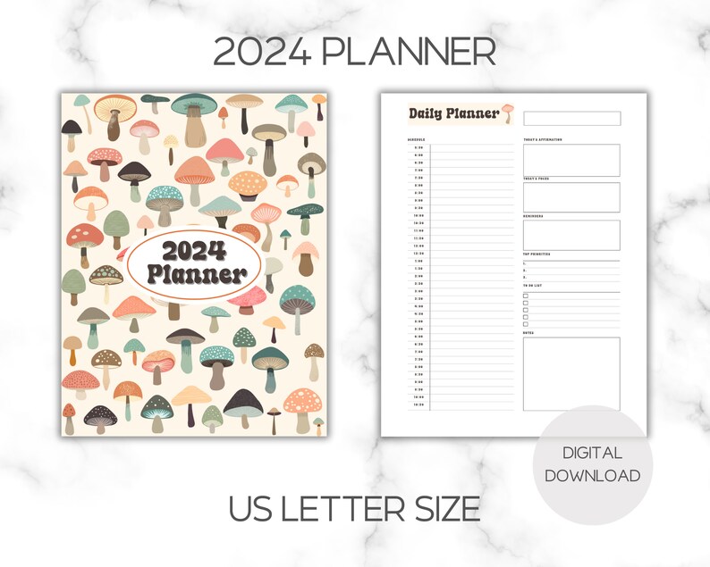 2024 Retro Mushroom Planner Printable, Daily, Month at a Glance, Retro ...