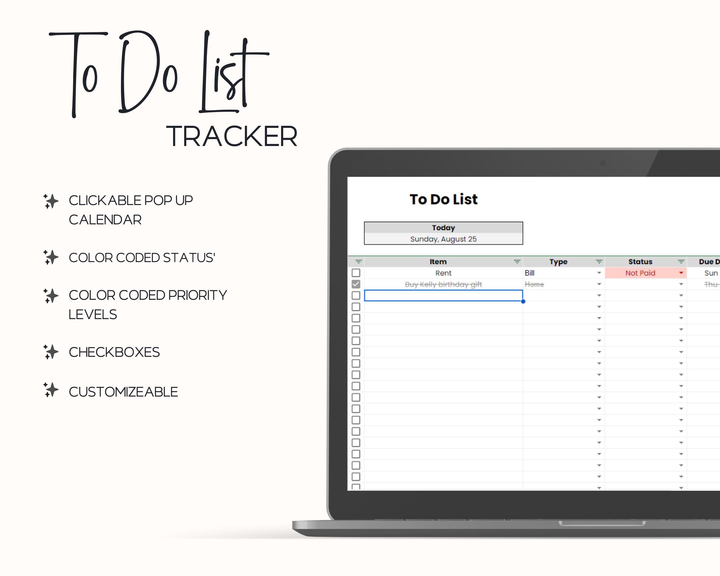 Google Sheets to Do List Checklist Tracker, Google Sheets Template ...