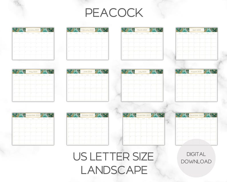 2025 Peacock Monthly Calendar Printable PDF, Instant Digital Download ...