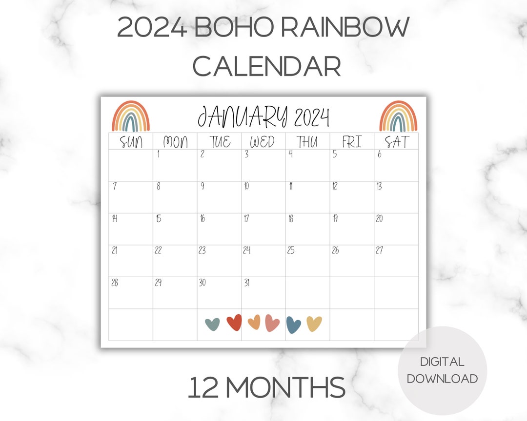 2024 Boho Rainbows & Hearts Monthly Calendar, Instant Digital Download ...