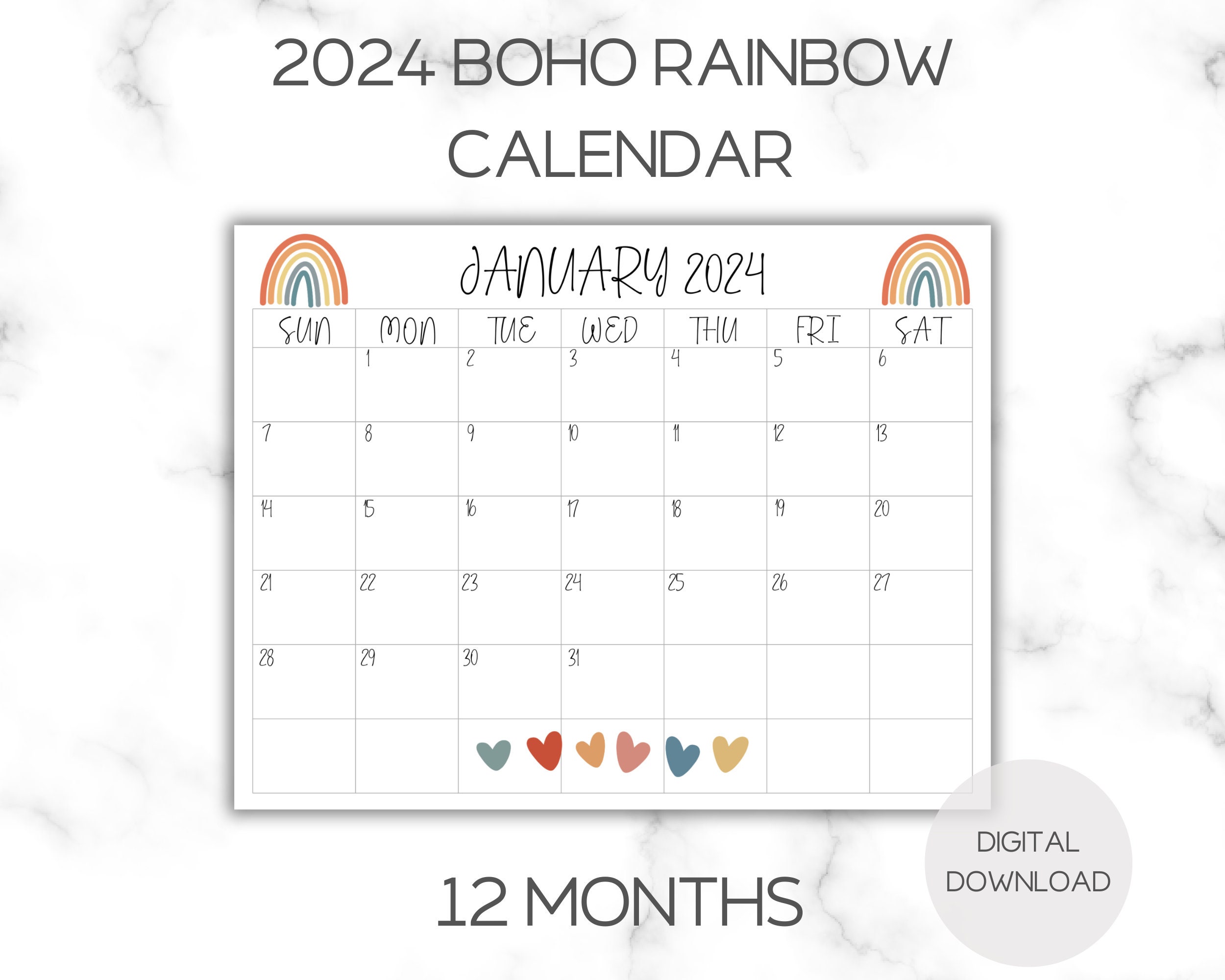 2024 Boho Rainbows & Hearts Monthly Calendar, Instant Digital Download ...