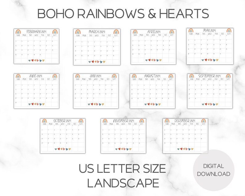 2024 Boho Rainbows & Hearts Monthly Calendar, Instant Digital Download ...