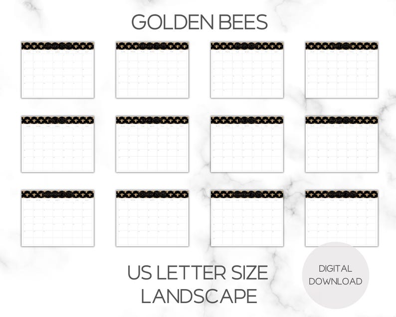 2025 Golden Bees Monthly Calendar Printable PDF, Instant Digital ...