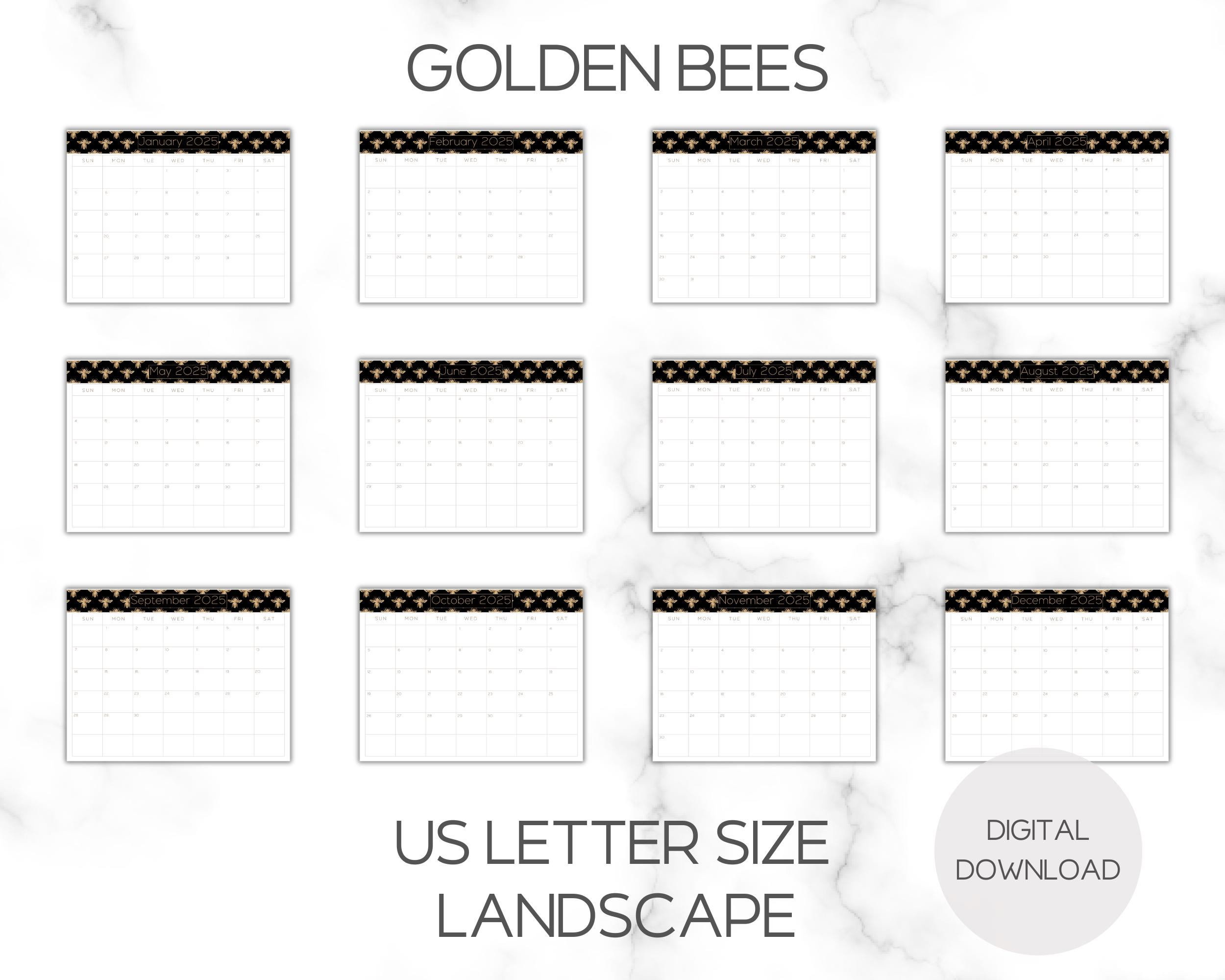 2025 Golden Bees Monthly Calendar Printable PDF, Instant Digital ...