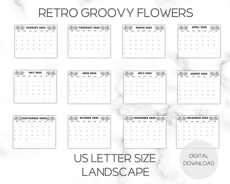 2025 Retro Disco 70s Groovy Flowers Monthly Calendar, Instant Digital ...