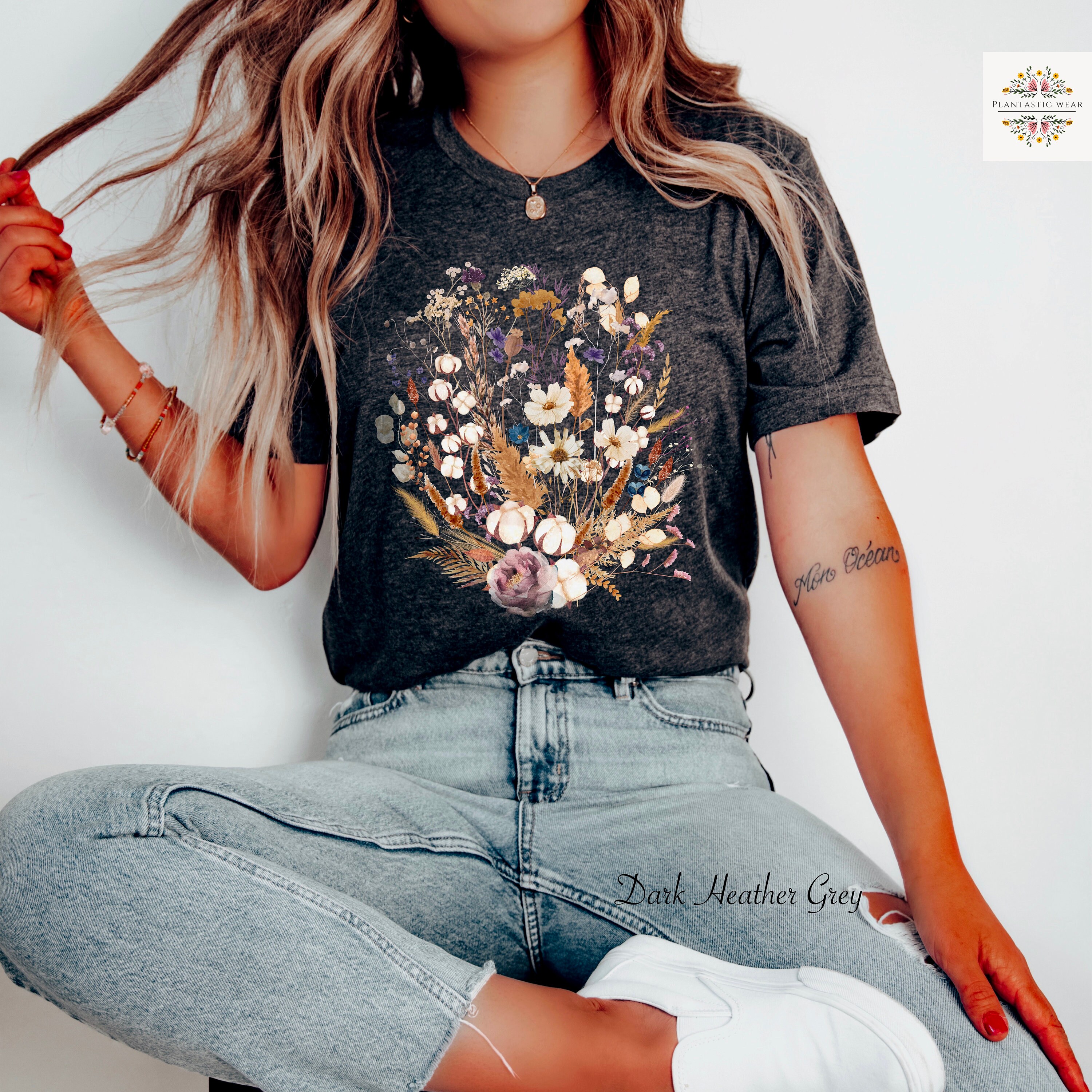 Boho Pressed Flowers Cottagecore Clothes With Dried Flowers Shirt ...