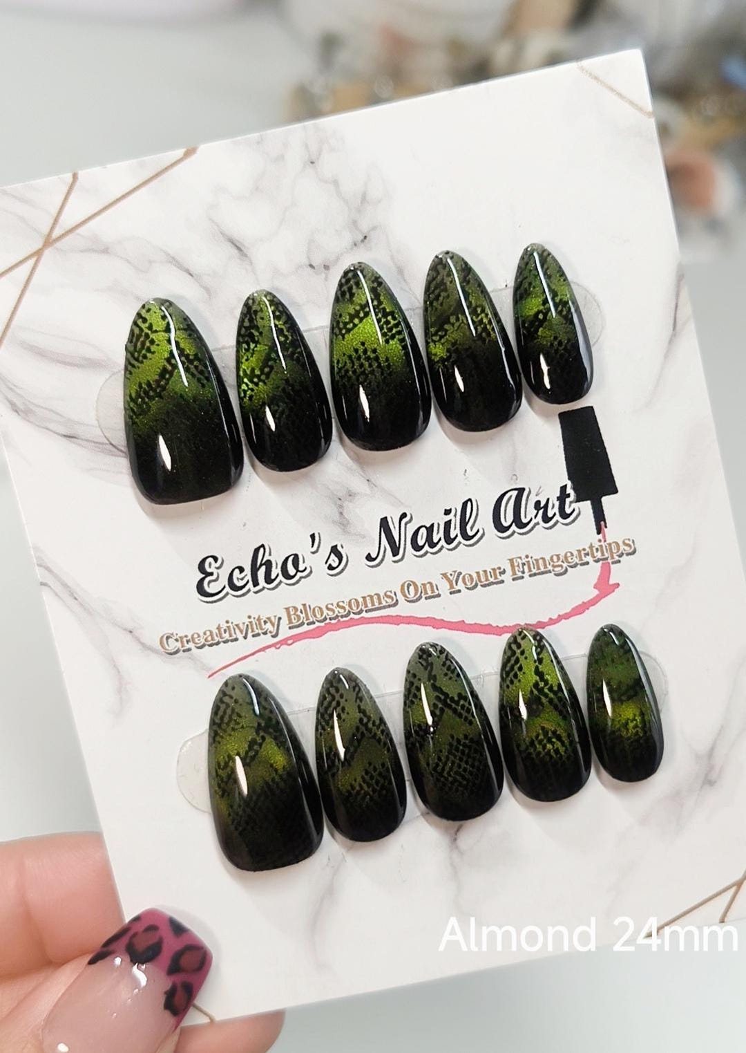 Green Tigers Eye Acrylic Nails/ Hand Drawn Scales Pattern Press on ...