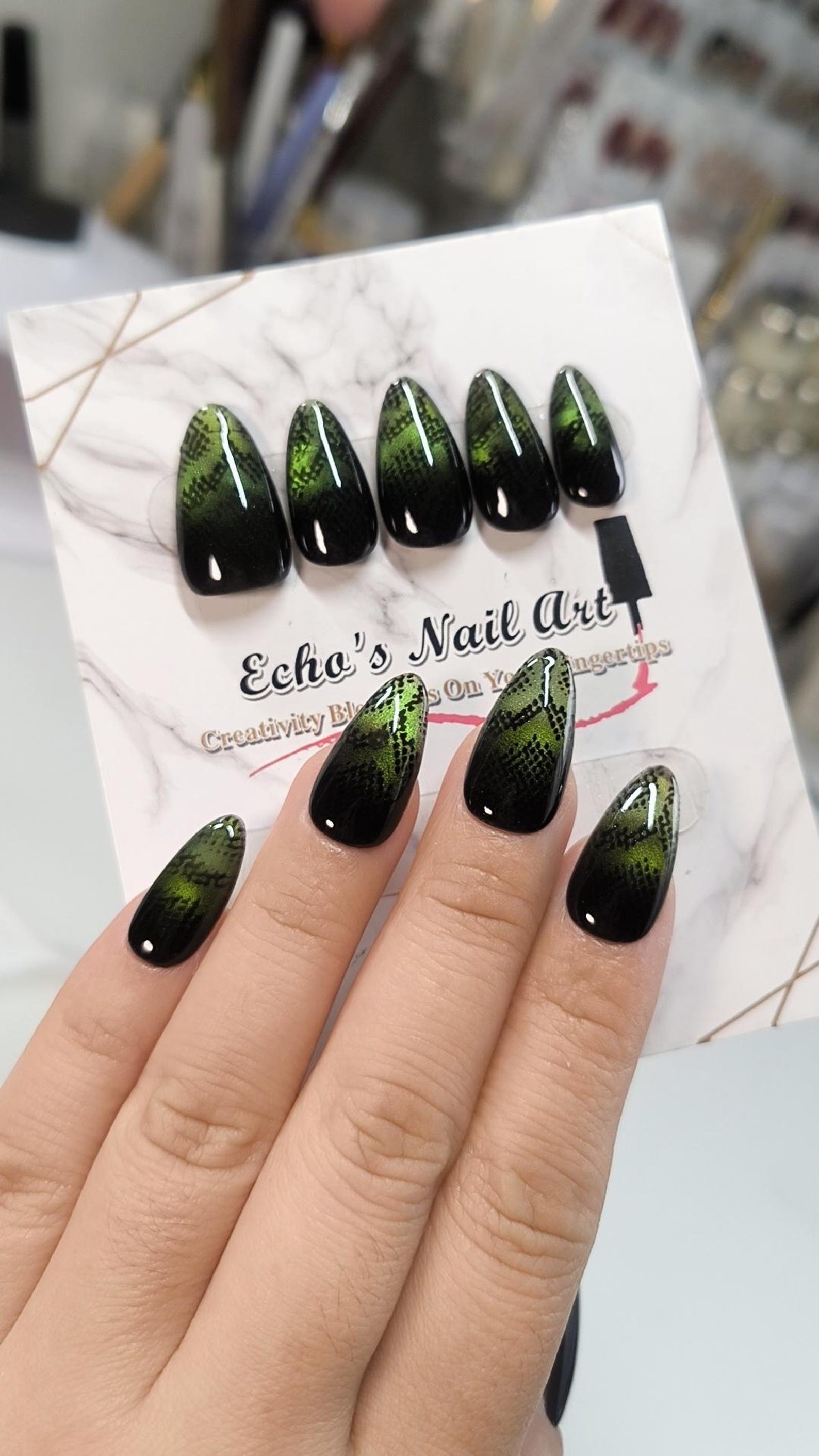 Green Tigers Eye Acrylic Nails/ Hand Drawn Scales Pattern Press on ...