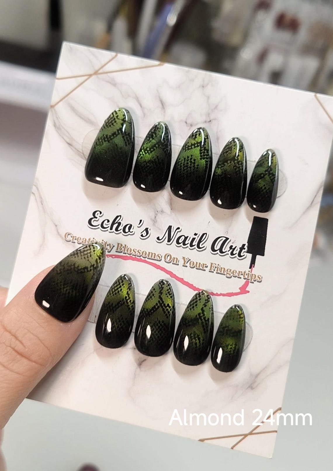 Green Tigers Eye Acrylic Nails/ Hand Drawn Scales Pattern Press on ...