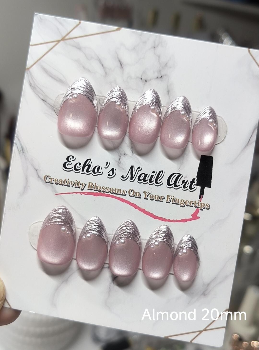 Pink Tigers Eye Nails/silver Metallic Glossy Press on Nails/crystal ...