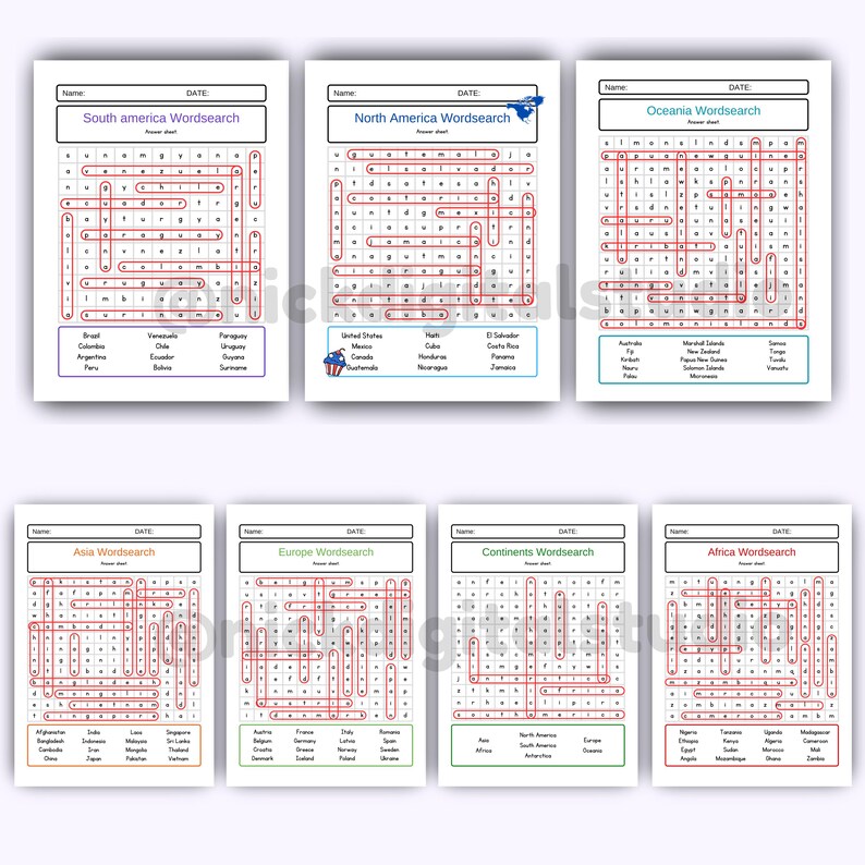 Continents Word Search Puzzle Geography Learning Game A4 and A5 PDF ...