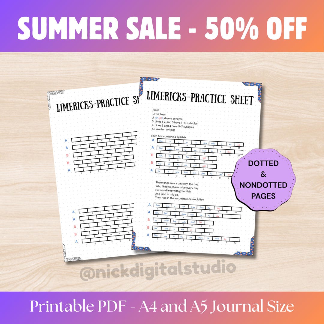 Limericks Practice Worksheet | Printable Poetry Pages PDF | A4 & A5 ...