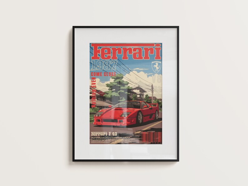 Vintage Ferrari 1987 Poster, Retro Car Wall Art, Ferrari F40 Print ...