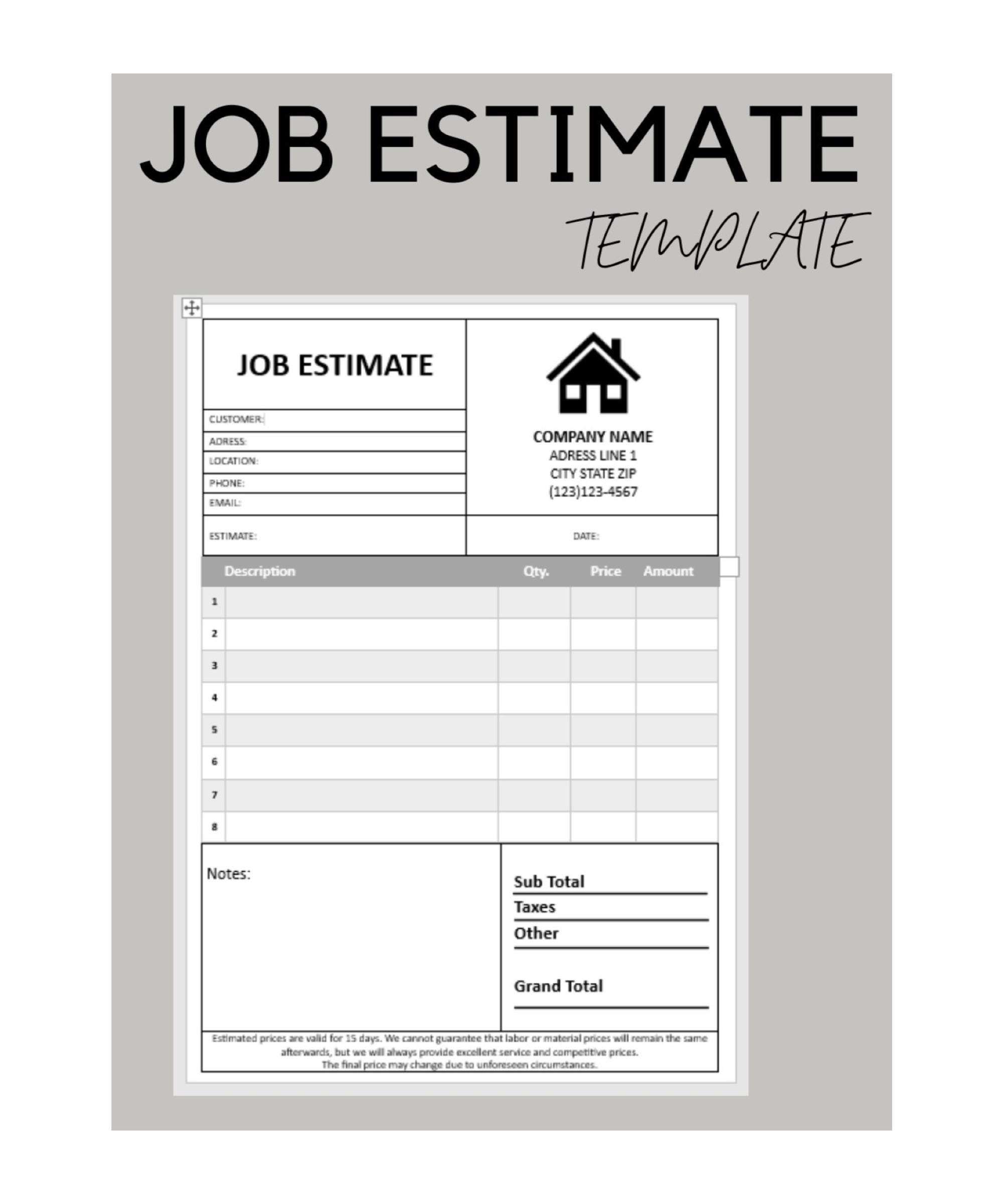 Job Estimate Template, Printable Job Estimate Form PDF, Editable Job Estimate Form, Job Proposal ...