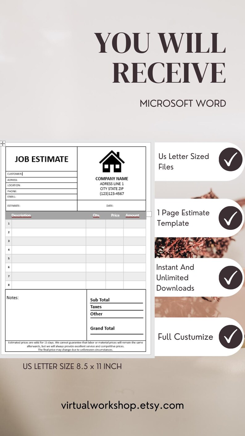 Printable Job Estimate Template, Editable Business Form, PDF - Etsy