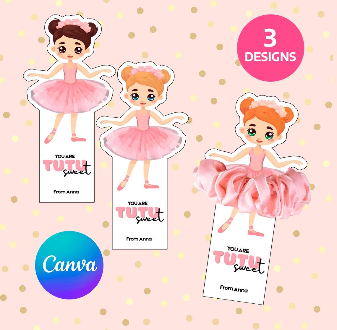 3 Printable Ballerina Scrunchie Holder Cards Tag Template Tutu Sweet ...