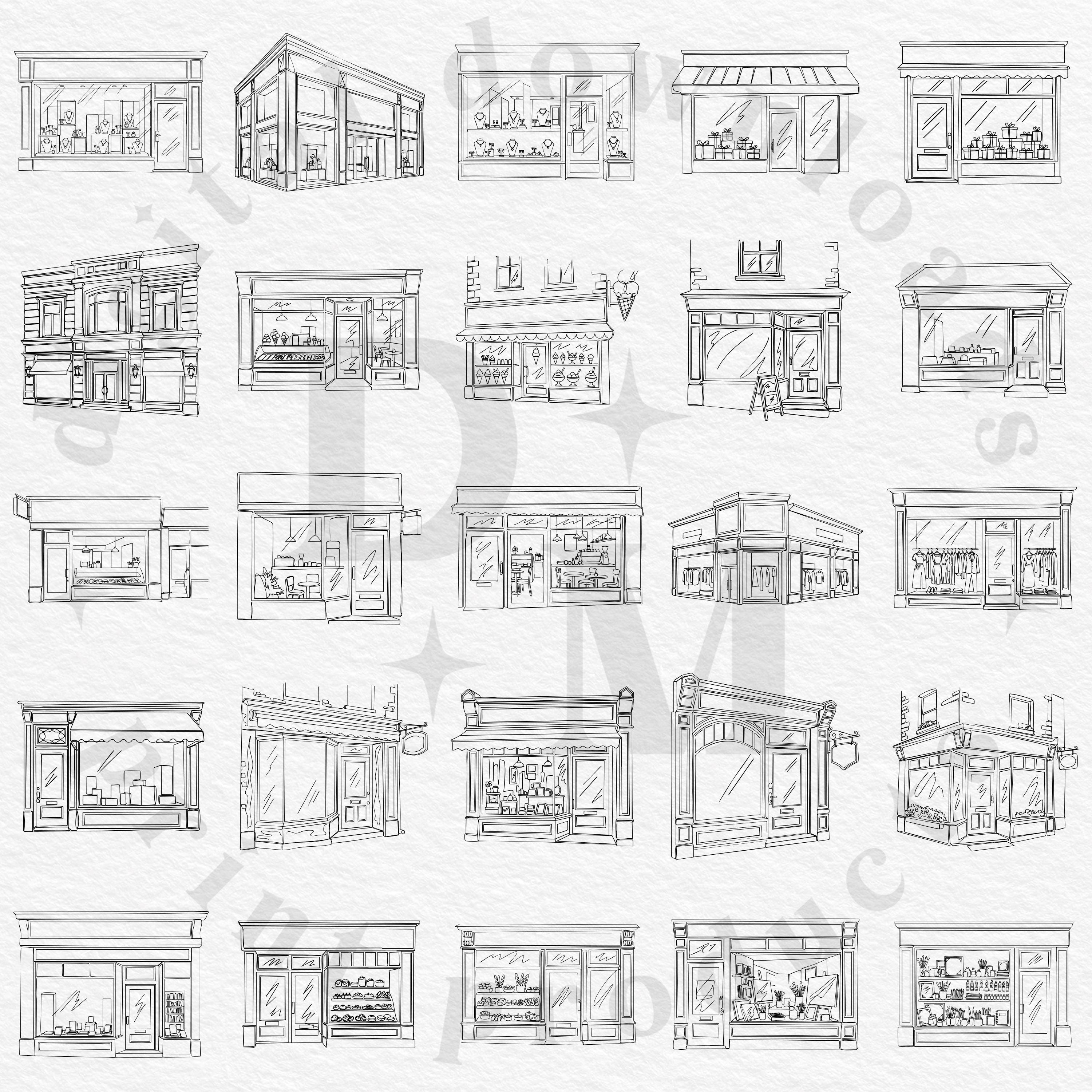 50 Storefronts SVG PNG Bundle | Hand Drawn Clipart of Boutique, Bakery ...