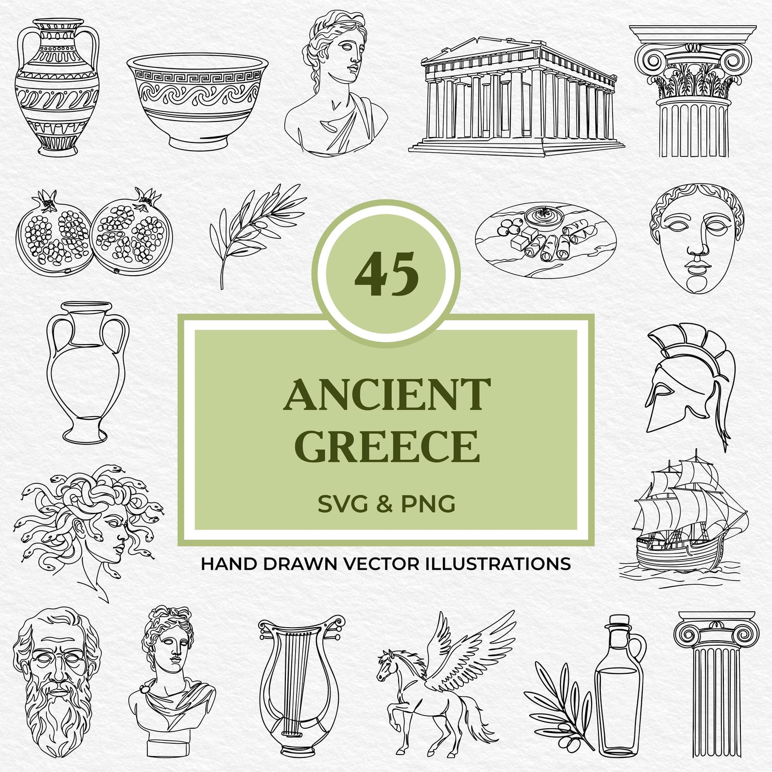 45 Greece Aesthetic SVG PNG Bundle | Hand Drawn Mythology, Columns ...