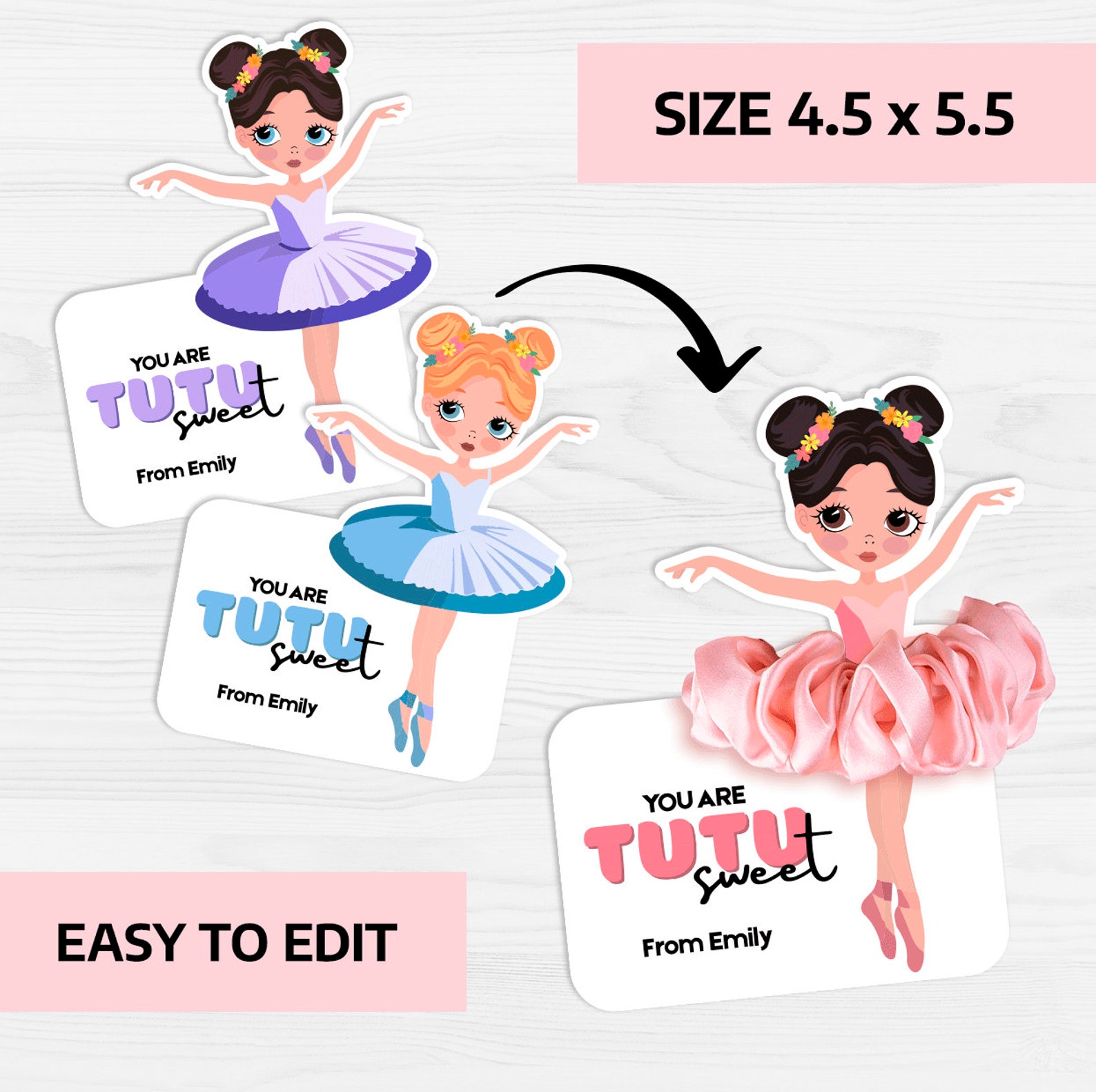6 Printable Ballerina Scrunchie Holder Cards Tag Template Tutu Sweet ...