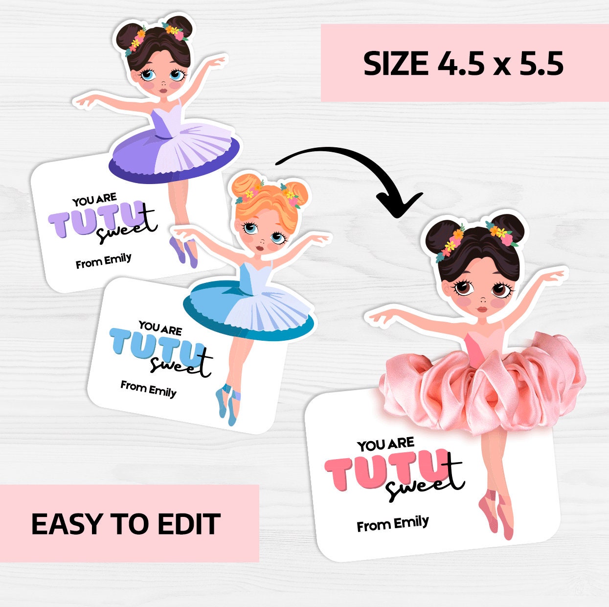 6 Printable Ballerina Scrunchie Holder Cards Tag Template Tutu Sweet ...