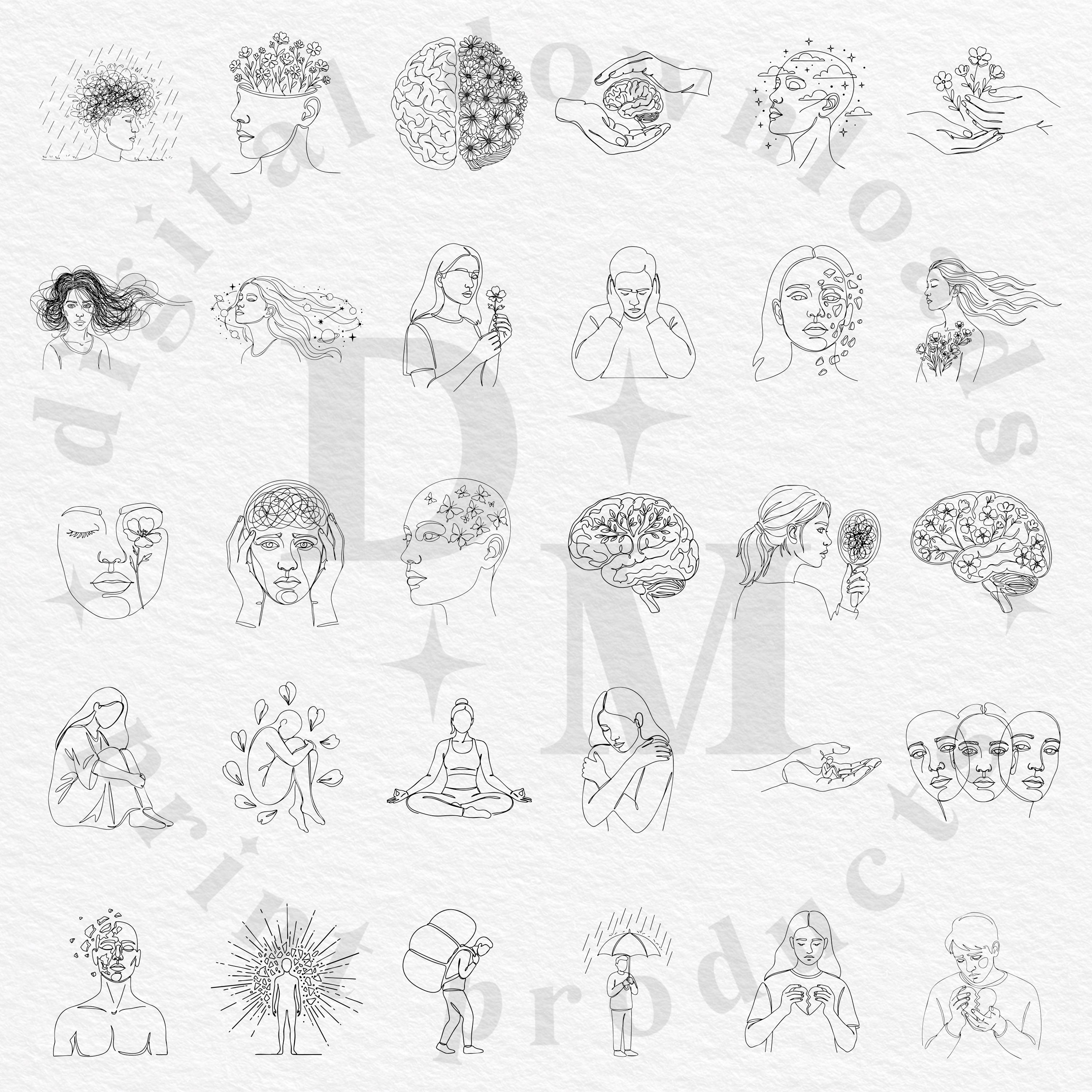 30 Mental Health One Line SVG PNG Bundle | Self-care & Emotional ...