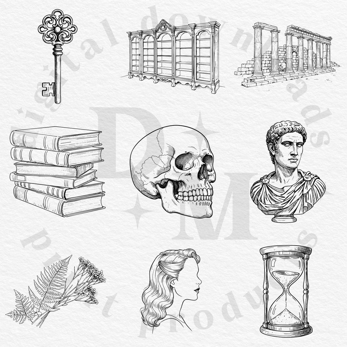 35 Dark Academia Engraving SVG PNG Bundle Vintage Skull, Busts ...