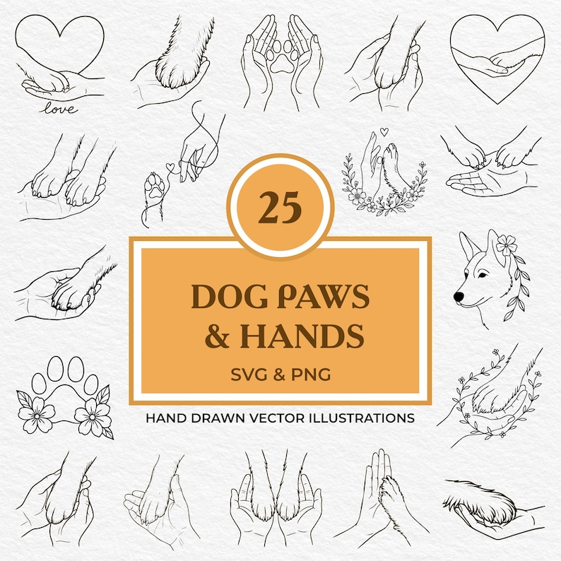 25 Dog Paws and Hands Line Art Bundle | Pet Memorial SVG PNG | Dog ...