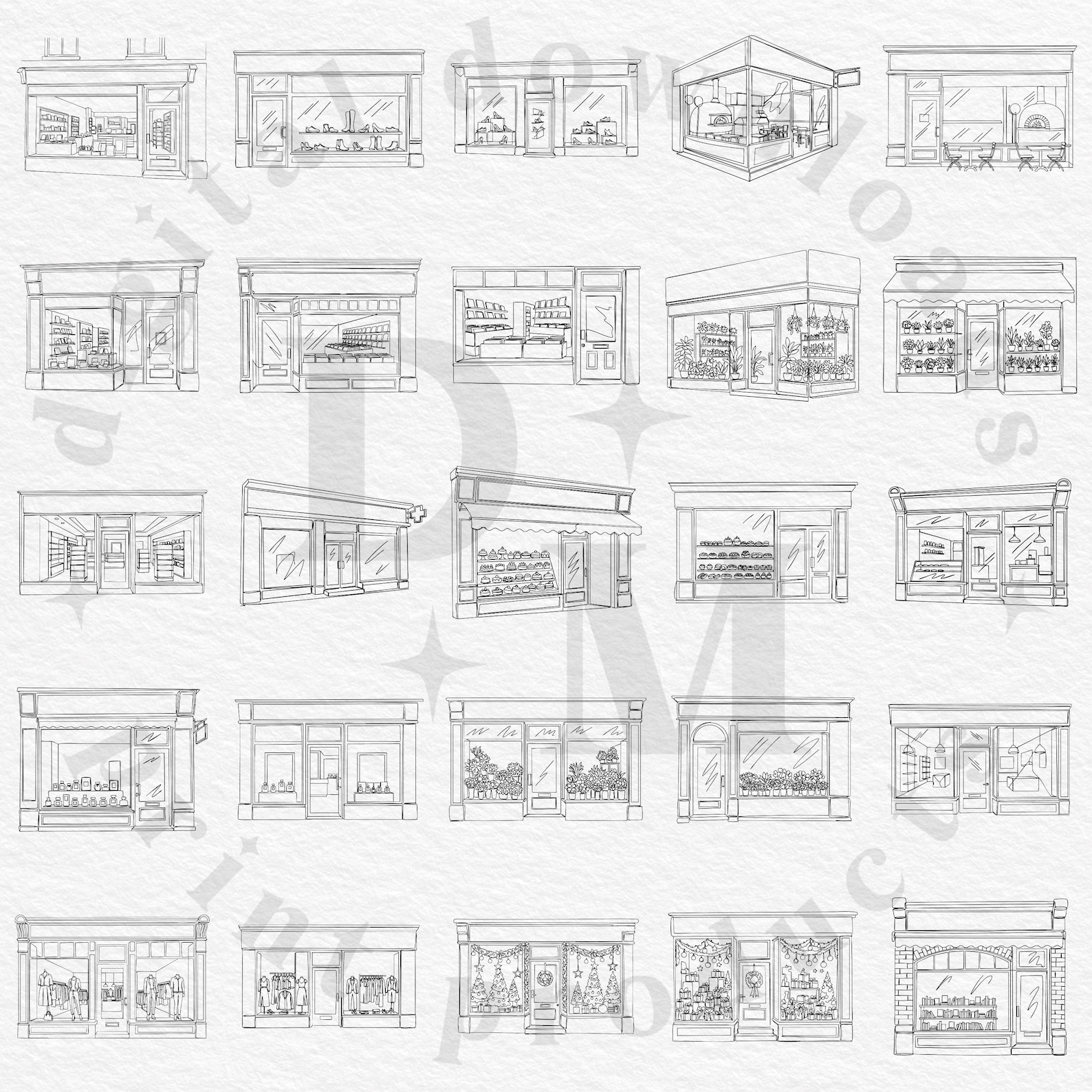 50 Storefronts SVG PNG Bundle | Hand Drawn Clipart of Boutique, Bakery ...