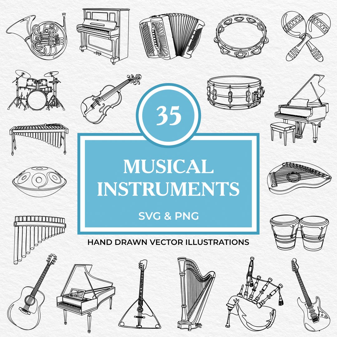 35 Musical Instruments SVG PNG Bundle | Guitar Piano Hand Drawn Clipart ...