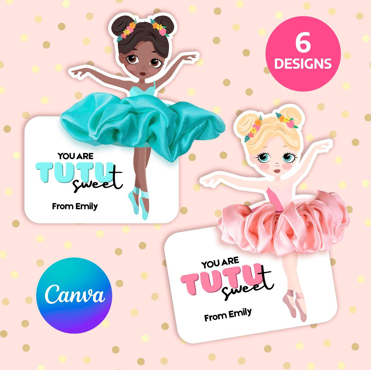 6 Printable Ballerina Scrunchie Holder Cards Tag Template Tutu Sweet ...