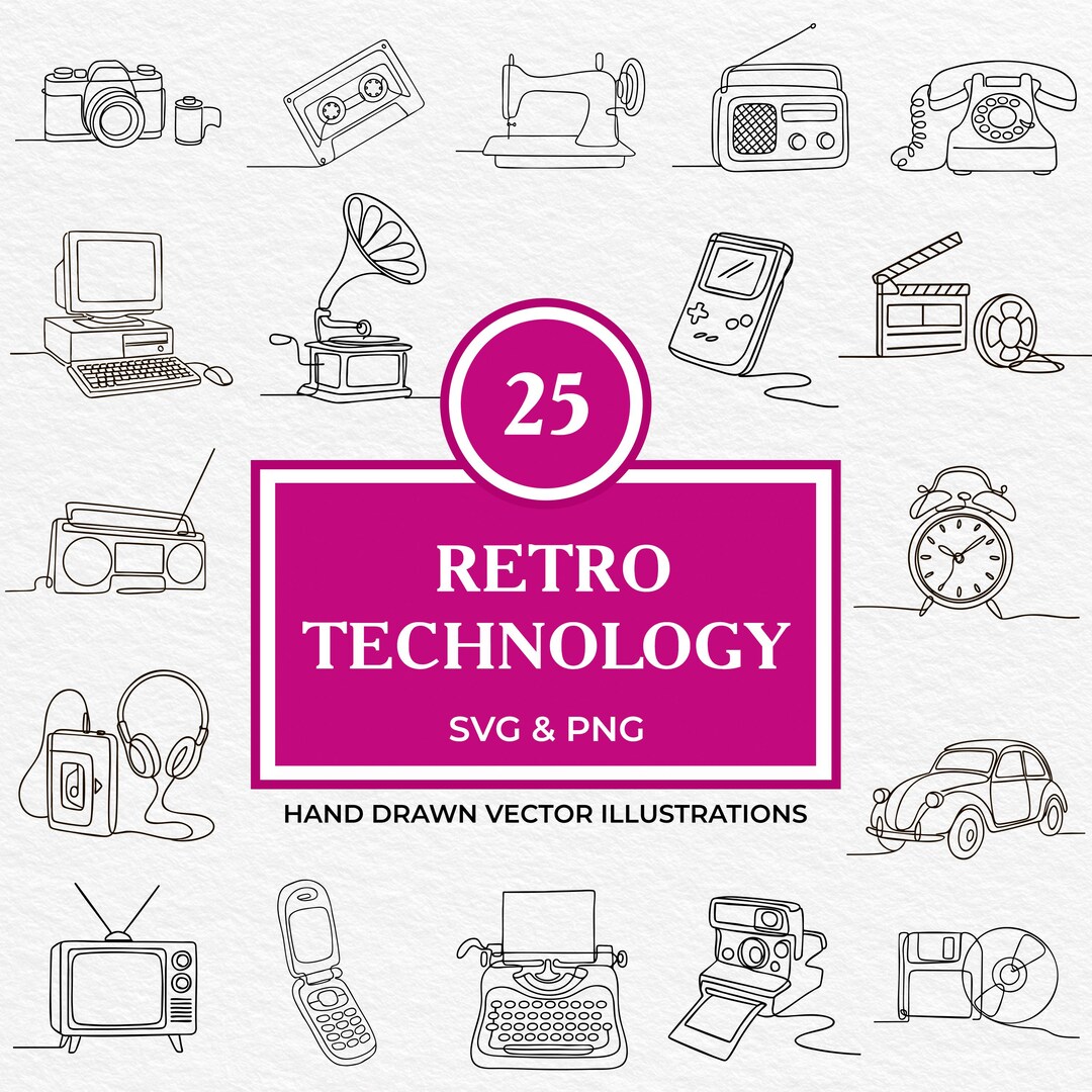 25 Retro Technology Line Art SVG PNG Bundle | Vintage Tech Clipart ...
