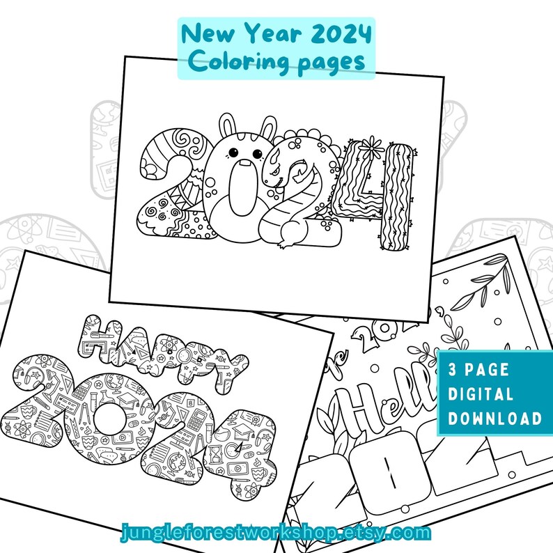 New Year 2024 Coloring Pages 3 Page Coloring Page Bundle Set 2 - Etsy