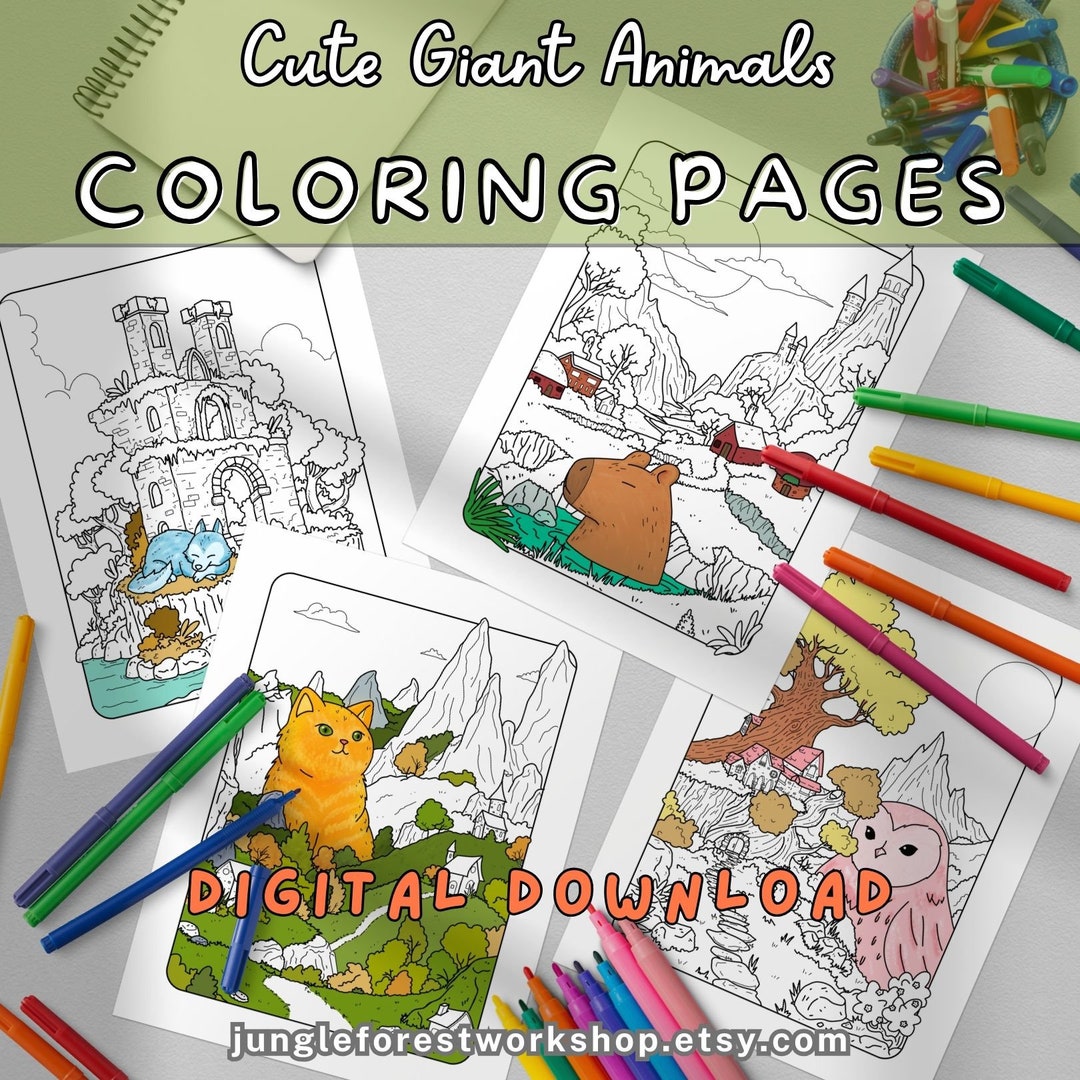 Cute Cozy Giant Animals Fantasy Landscape Hand Drawn Coloring Page Cozy ...
