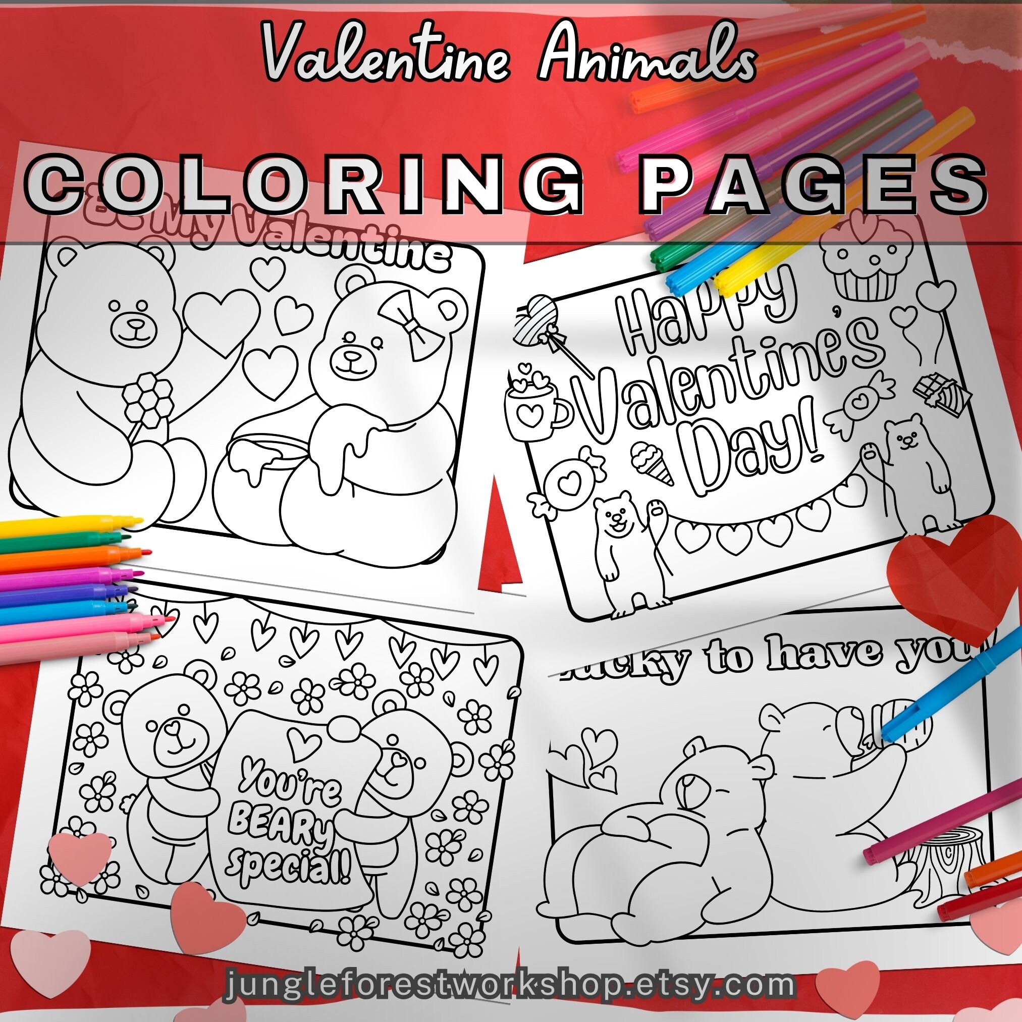 Valentine's Day Cute Bears Coloring Pages | 7 Page Hearts Day Coloring ...