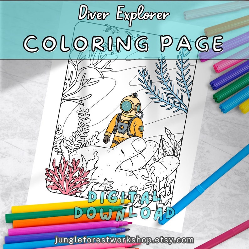 Underwater Deep Sea Diver Explorer Hand Drawn Space Coloring Page Cute ...