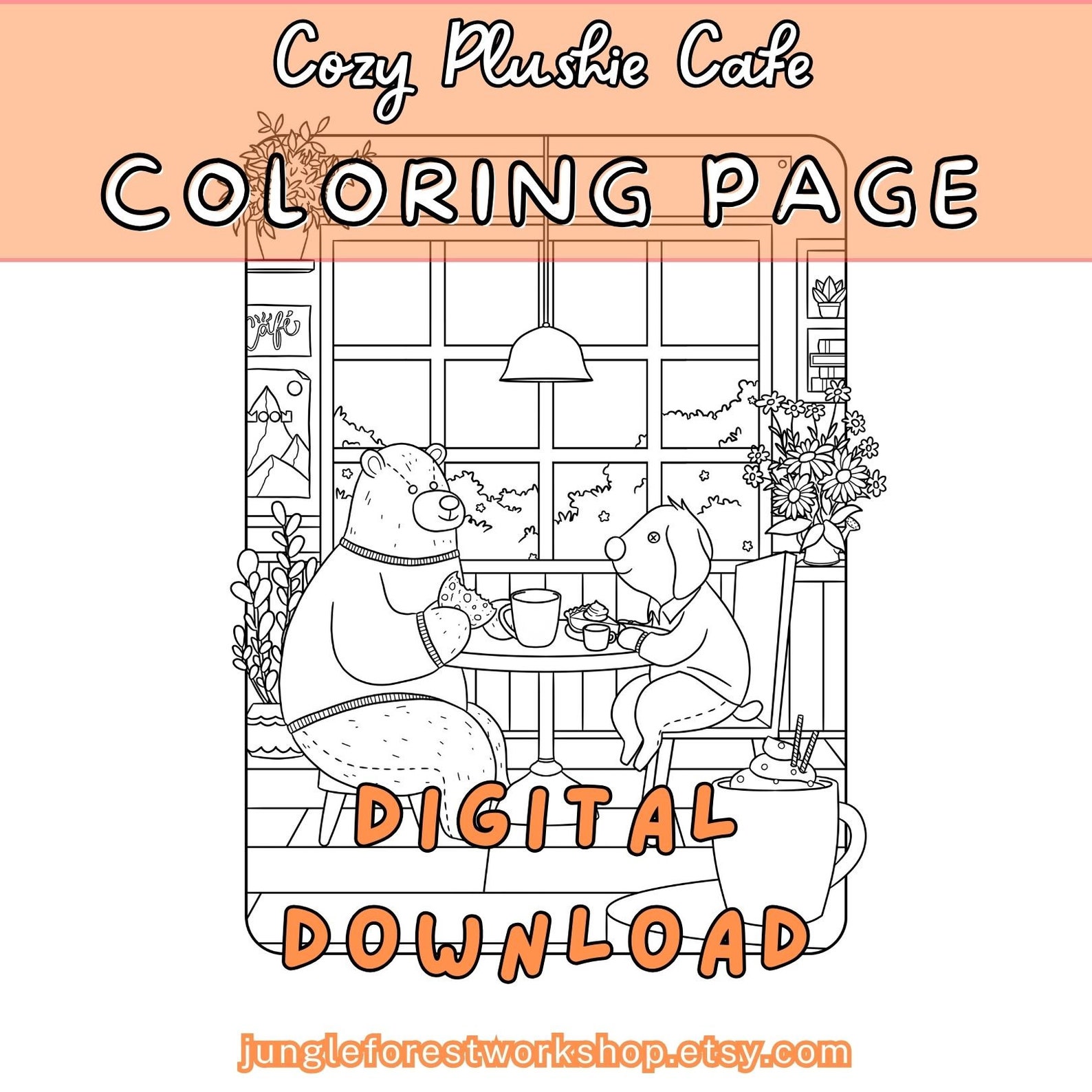 Cozy Cafe Stuffed Animals Coloring Page Hand Drawn Cute Relaxing Stress ...